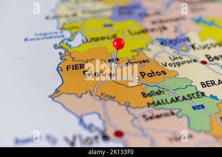 Fier map. Close up of Fieri map with blue pin. Map with red pin point ...