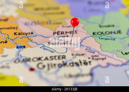 Përmet map. Close up of Permet map with blue pin. Map with red pin ...