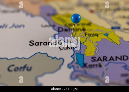 Sarande map. Close up of Sarande map with red pin. Map with red pin ...