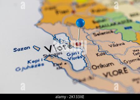 Vlora map. Close up of Vlora map with red pin. Map with red pin point ...