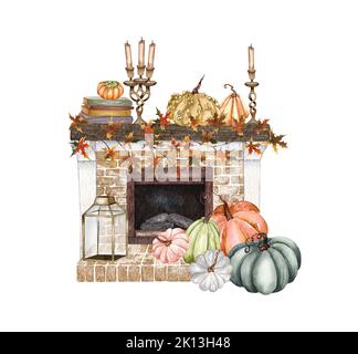 Watercolor fireplace with pumpkin decor. Fall pumpkin and flowers ...