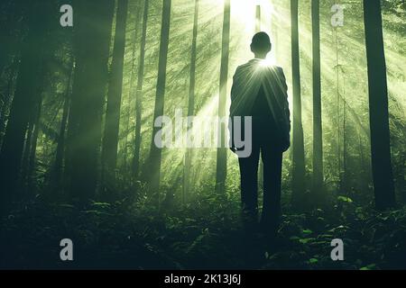 A character in an alien landscape, future scape abstract science ...