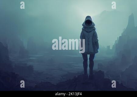 A character in an alien landscape, future scape abstract science ...