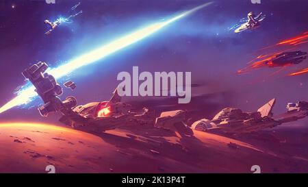 Space battle, spaceships are fighting, shooting from laser guns ...