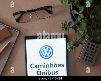 In this photo illustration, Volkswagen Caminhões e Ônibus brand of ...