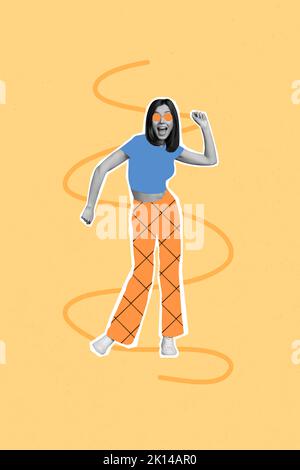 Creative collage image of cheerful carefree girl enjoy listen new ...