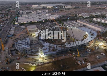 A general overall aerial view of the Intuit Dome construction site with ...