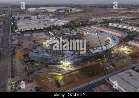 A general overall aerial view of the Intuit Dome construction site with ...