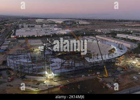 A general overall aerial view of the Intuit Dome construction site with ...