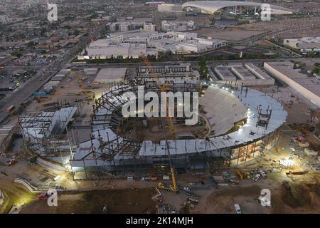 A general overall aerial view of the Intuit Dome construction site with ...
