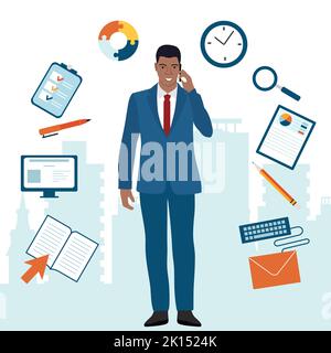 Vector illustration Man uses applications on cell phone for work ...