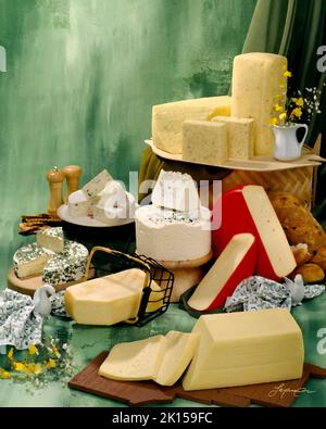 Painterly image of Danish Cheeses in group color photograph on green ...