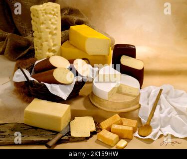 German Cheeses in group color photograph, painterly filter applied. Tan ...
