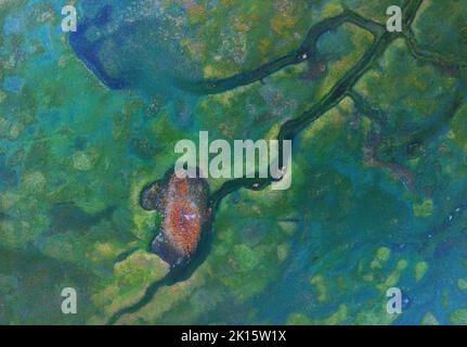 Closeup of dark veins and brown inclusion in green copper ore deposit ...