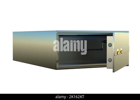 Silver metal safe box isolated on white background. The safe has both ...