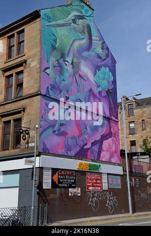 Gable end Murals depicting wildlife, Merlin and Lobey Dosser, part of ...