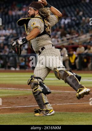 San Diego Padres' Jorge Alfaro watches his hit in a baseball game ...