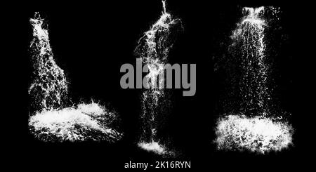 Set of waterfalls isolated on black background. Black and white ...