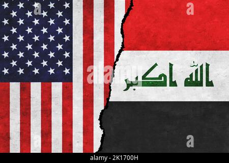Flags of USA and Iraq on wall with crack. USA and Iraq conflict. Iraq ...