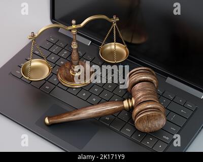 Judge gavel and balanced scale standing on laptop computer keyboard. 3D ...