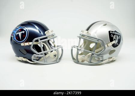 Tennessee Titans and Las Vegas Raiders helmets, Tuesday, March 22, 2022 ...