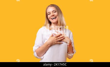 Grateful woman. Special offer. Surprise greeting. Luck victory ...