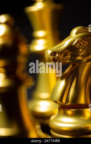 Golden knight chess piece close-up on black background Stock Photo - Alamy