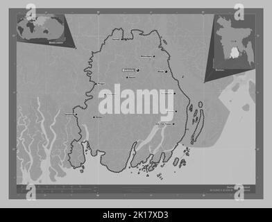Barisal, division of Bangladesh. Grayscale elevation map with lakes and ...