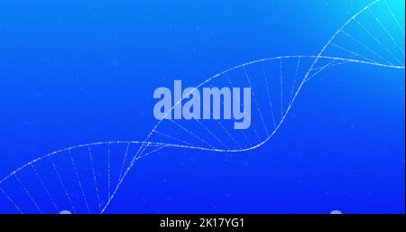 Image of white glowing 3D double helix DNA strand spinning on blue ...