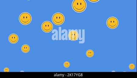 Image of multiple digital smiley emoji faces floating on blue ...