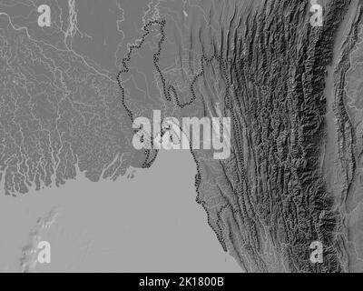 Chittagong, division of Bangladesh. Bilevel elevation map with lakes ...