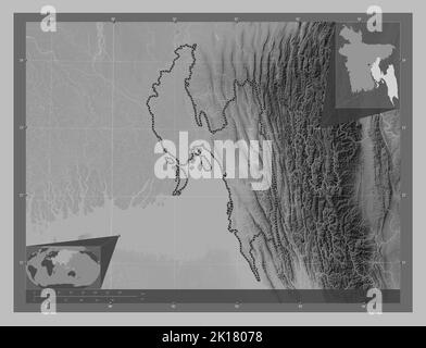 Chittagong, division of Bangladesh. Grayscale elevation map with lakes ...