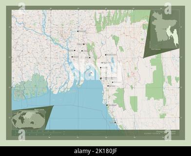 Chittagong, division of Bangladesh. Open Street Map. Locations of major ...
