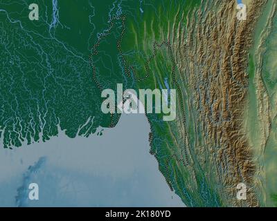 Chittagong, division of Bangladesh. Colored elevation map with lakes ...