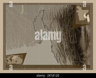 Chittagong, division of Bangladesh. Colored elevation map with lakes ...