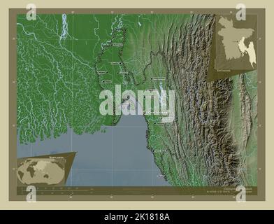 Chittagong, division of Bangladesh. Colored elevation map with lakes ...