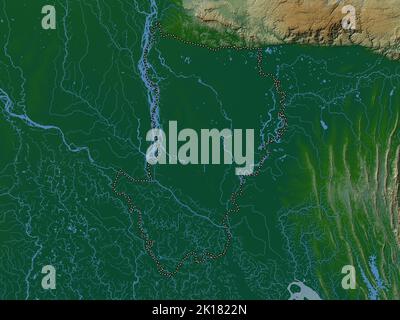 Dhaka, division of Bangladesh. Colored elevation map with lakes and ...