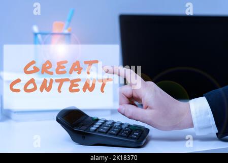 Writing displaying text Great Content. Business approach Satisfaction ...