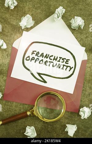 Hand writing sign Franchise Opportunity. Conceptual photo Business ...