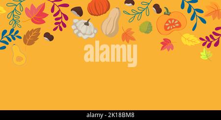 Autumn vegetables and leaves doodle background - flat design banner ...