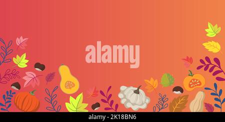 Autumn vegetables and leaves doodle background - flat design banner ...