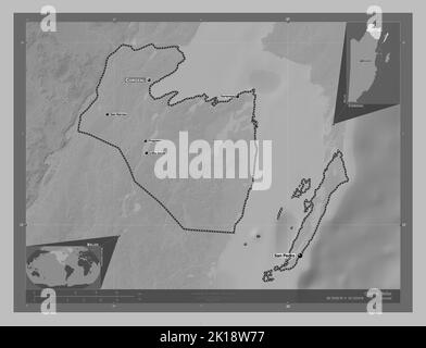 Corozal, district of Belize. Grayscale elevation map with lakes and ...