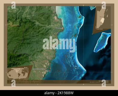 Stann Creek, district of Belize. Low resolution satellite map. Locations of major cities of the ...