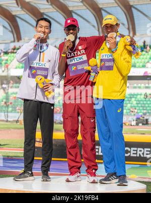 Sanghyeok Woo, Mutaz Essa Barshim and Andriy Protsenko medal presentation for the men’s high ...