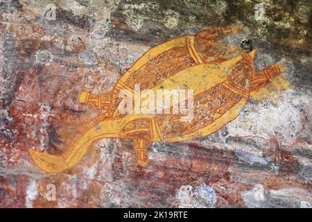Aboriginal rock painting of a turtle at Ubirr, in the UNESCO World Heritage Site of Kakadu ...