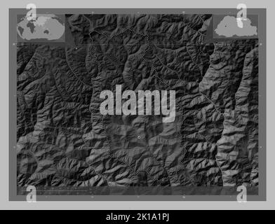 Bumthang, district of Bhutan. Grayscale elevation map with lakes and ...