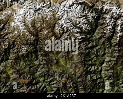 Bumthang, district of Bhutan. Low resolution satellite map. Locations ...