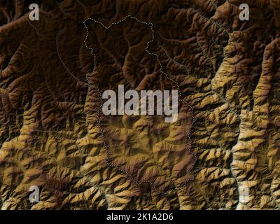 Bumthang, district of Bhutan. Colored elevation map with lakes and ...