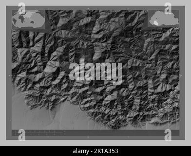 Chhukha, district of Bhutan. Grayscale elevation map with lakes and ...