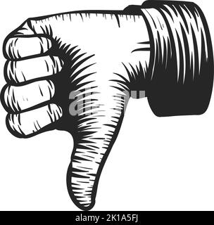 Hand drawn thumb down hand in retro sketch in gold foil texture vector ...